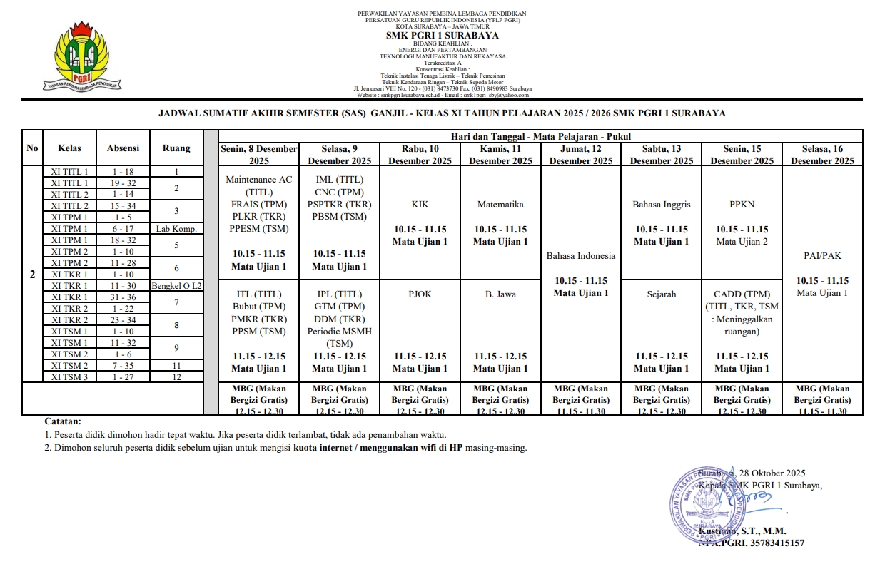 Jadwal SAS Ganjil 2025/2026 - SMK PGRI 1 SURABAYA